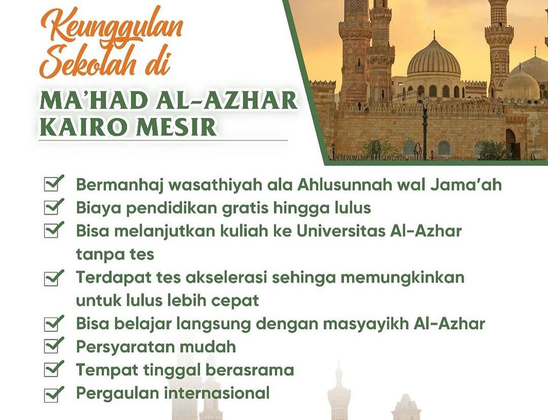 Program Ma'had Al Azhar (SMP-SMA) di Mesir - Biaya GRATIS